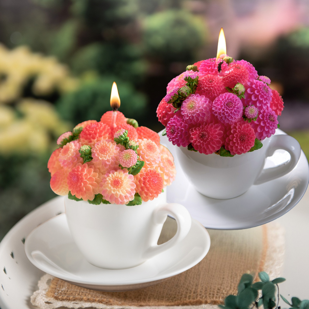 Dahlia Flower Bouquet Teacup Candle in Orange or Pink - Southlake Gifts